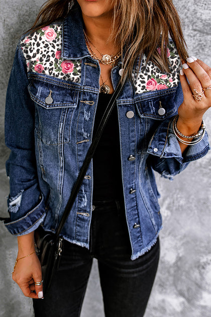 Mixed Print Distressed Button Front Denim Jacket – Happy Mumma Sunshine